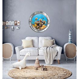 Wandsticker queence "3D Bullauge Illusion Unterwasserwelt Korallen 40x40 cm", bunt (silberfarben 5), &Oslash;:40cm, Vinyl, Wandtattoos, Selbstklebender Wanddurchbruch Unterwasser