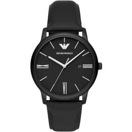 Quarzuhr Emporio Armani, schwarz (schwarz, schwarz), Armbanduhren, Herren, Quarzuhr, Armbanduhr, Herrenuhr, Datum, analog, Lederarmband