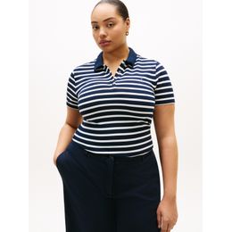 Poloshirt Tommy Hilfiger Curve "CRV 1985 SLIM PIQUE POLO SS", Damen, Gr. 50, schwarz night navy, ecru stp, Single Jersey, Obermaterial: 96% Baumwolle, 4% Elasthan, gestreift, regular fit normal, ohne Ausschnitt, Shirts, in gro&szlig;en Gr&ouml;&szlig;en, aus Pique Qualit&auml;t