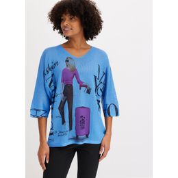 Strickpullover bonprix, Damen, Gr. 40/42 (M), mittelblau, schwarz bedruckt, Strick, Obermaterial: 100% Polyester, loose fit Po-bedeckend, V-Ausschnitt, Fledermaus&auml;rmel, Pullover Strickpullover, 3/4-Fledermaus&auml;rmel, cooler Alloverprint, bequeme Passform