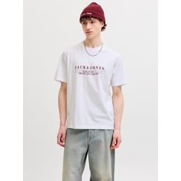 Jack & Jones T-Shirt JACK & JONES "JORSAVONA BRANDING TEE SS CN STYD SS26", Jungen, Gr. L, hellwei&szlig;, Jersey, Obermaterial: 100% Baumwolle, bedruckt, relaxed fit normal, Rundhals, Shirts T-Shirt, Baumwolle, relaxed fit