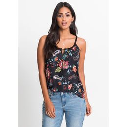Spaghettitop bonprix, Damen, Gr. 40/42 (M), schwarz gebl&uuml;mt, Obermaterial: 95% Viskose, 5% Elasthan, gerade, Tops, gerade Passform, mit Spitzenborte am Ausschnitt, &auml;rmellos