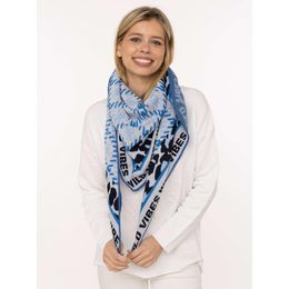 Dreieckstuch Zwillingsherz "Leo Hahnentritt", Damen, blau, Baumwollmischung, Modet&uuml;cher, Mustermix, Leo und Hahnentritt, Schriftzug, Mode Tuch