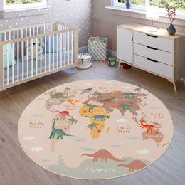 Kinderteppich Paco Home "Bino 583", beige, H:4mm &Oslash;:200cm, Polyester, Teppiche, Kinderteppich, Spielteppich, Motiv Weltkarte & Dinosaurier, Kinderzimmer