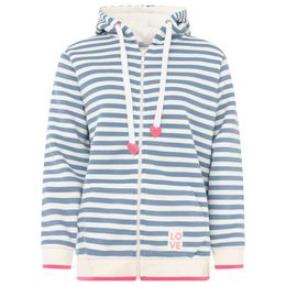 Kapuzensweatjacke Zwillingsherz "Maritim", Damen, Gr. L/XL, mittelblau, Sweatware, Obermaterial: 50% Baumwolle, 50% Polyester, Sweatjacken, gestreift, Kapuze mit Kordel und Herzen, Taschen, Zipper