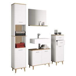 Badm&ouml;bel-Set Vcm "4-tlg. Komplett Badm&ouml;bel Badschrank Set Landos l", braun (wei&szlig;, honig, eiche), B:124cm T:28cm, Obermaterial: 100% Holz Wood., Schr&auml;nke, Badm&ouml;bel-Set