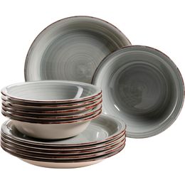 Tafelservice OTTO HOME "Teller Set, Geschirr-Set Bell Tempo", grau (rauchblau), 12, Keramik, Geschirr-Sets, Tafelservice, rustikale Holzoptik mit Spiraldekor, 12 Teile, f&uuml;r 6 Personen