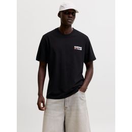 Jack & Jones T-Shirt JACK & JONES "JCOMARINA BACK PRINT TEE SS CREW NECK", Jungen, Gr. L, schwarz, Jersey, Obermaterial: 100% Baumwolle, bedruckt, regular fit normal, Rundhals, gerader Abschluss, Shirts T-Shirt, mit Print