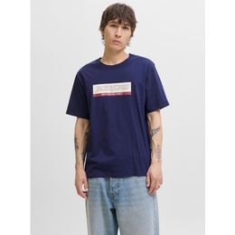 Jack & Jones T-Shirt JACK & JONES "JORINWOOD BLOCK BRANDING TEE SS CN", Jungen, Gr. L, ocean cavern, Jersey, Obermaterial: 100% Baumwolle, bedruckt, regular fit normal, Rundhals, Shirts T-Shirt