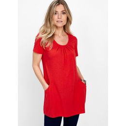 Longshirt bonprix, Damen, Gr. 40/42 (M), erdbeere, Jersey, Obermaterial: 64% Polyester, 32% Viskose, 4% Elasthan, figurumspielend Po-bedeckend, Rundhals, Shirts Longshirt, figurumspielende Passform, Kurzarm, mit Eingriffstaschen