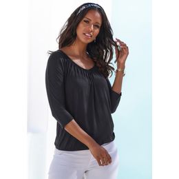 3/4-Arm-Shirt Lascana "mit zarter Raffung am Ausschnitt", Damen, Gr. 32/34, schwarz, Jersey, Obermaterial: 95% Viskose (LENZING&trade; ECOVERO&trade;), 5% Elasthan, unifarben, Basic, figurumspielend normal, V-Ausschnitt, angeschnitten Umschlagsaum, Shirts 3/4-Arm-Shirt, aus luftigem Viskose-Stretch