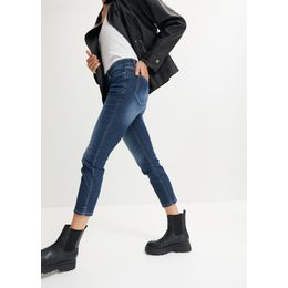 7/8-Jeans bonprix, Damen, Gr. 50, N-Gr, dunkelblau used (l&auml;nge: regul&auml;r), Obermaterial: 82% Baumwolle, 17% Polyester, 1% Elasthan, slim fit, Jeans, mit Used-Effekt, schmale Passform, 7/8-L&auml;nge, aus Stretch-Material