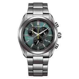 Chronograph Citizen, silberfarben, gr&uuml;n, Armbanduhren, Herren, Chronograph, Armbanduhr, Solar, Herrenuhr, analog, Big Date, Stoppfunktion