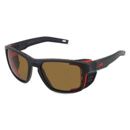 Julbo SHIELD M | Unisex-Sonnenbrille | Fassung: Vollrand, Eckig, Kunststoff, Schwarz Orange | Glasfarbe: Braun