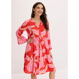 bonprix Damen Tunikakleidsignalrot, flamingopink floral, Gr. 44, Web, Obermaterial: 100% Viskose, Kleider, figurumspielende Passform, mit trendigem
