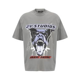 T-Shirt 2Y STUDIOS "2Y Studios Herren Rottweiler Oversize Tee", Jungen, Gr. M, washed grau, 100% Baumwolle, bedruckt, oversize, Rundhals, Shirts T-Shirt