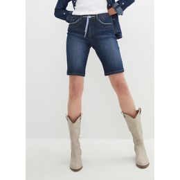 Bermudas bonprix, Damen, Gr. 38, N-Gr, dunkelblau denim used (l&auml;nge: regul&auml;r), Obermaterial: 82% Baumwolle, 17% Polyester, 1% Elasthan, slim fit, Hosen Bermudas, schmale Passform, elastisches Material, mit Bindeband