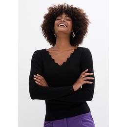 Strickpullover bonprix "Feinstrickpullover aus flie&szlig;endem Viskose-Mix", Damen, Gr. 48/50 (XL), schwarz, Feinstrick, Obermaterial: 50% Viskose, 26% Polyamid, 24% Polyester, unifarben, slim fit h&uuml;ftbedeckend, V-Ausschnitt, Strickb&uuml;ndchen, Pullover Strickpullover, aus weichem Viskose-Mix, mit tollem Wellenausschnitt, Slim fit
