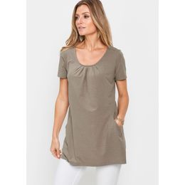 Longshirt bonprix, Damen, Gr. 44/46 (L), taupe, Jersey, Obermaterial: 64% Polyester, 32% Viskose, 4% Elasthan, figurumspielend Po-bedeckend, Rundhals, Shirts Longshirt, figurumspielende Passform, Kurzarm, mit Eingriffstaschen