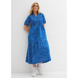 bonprix Damen Midikleid, blau, Gr. 48, Web, Obermaterial: 100% Baumwolle, Kleider, k&ouml;rperumspielende Form, mit Henleykragen, Halbarm-Design