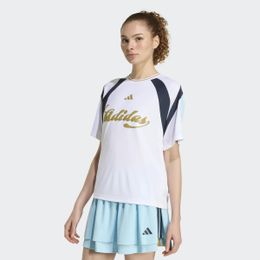T-Shirt adidas Sportswear "HOUSE OF TIRO TRIKOT", Damen, Gr. L, wei&szlig; (wei&szlig;, hazy beige, night navy, icey blau), Obermaterial: 100% Polyester, Rundhals, Shirts T-Shirt