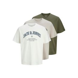 Jack & Jones T-Shirt JACK & JONES "JJEDENVER GRAPHIC TEE SS O-NECK 3PK MP", Jungen, Gr. M, wei&szlig; (moonbeam pack:moonbeam, dusty olive, cloud dancer), Jersey, Obermaterial: 100% Baumwolle, bedruckt, unifarben, Basic normal, Rundhals, Shirts T-Shirt