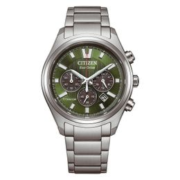 Chronograph Citizen, silberfarben, gr&uuml;n, Armbanduhren, Herren, Chronograph, Armbanduhr, Solar, Herrenuhr, analog, Big Date, Stoppfunktion