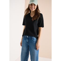 T-Shirt Cecil, Damen, Gr. L (42), schwarz, Web, 100% Baumwolle, unifarben, comfort fit normal, V-Ausschnitt, B&uuml;ndchen, Shirts T-Shirt, mit Flammgarn