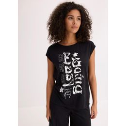 Longshirt bonprix, Damen, Gr. 44/46 (L), schwarz, Obermaterial: 100% Baumwolle, slim fit, Shirts Longshirt, aus Baumwolle, mit modischem Druck, Slim Fit, Kurzarm-Design