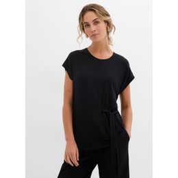 T-Shirt bonprix, Damen, Gr. 40/42 (M), schwarz, Obermaterial: 95% Viskose, 5% Elasthan, bequem, Shirts T-Shirt, aus Viskose-Elasthan-Mischung, mit Bindeband in der Taille, &auml;rmellos