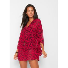 Longtunika bonprix, Damen, Gr. 48/50 (XL), rot (chillirot, schwarz floral), Obermaterial: 100% Polyester, loose fit, Tuniken Longtunika, aus Chiffon, weiter kastiger Schnitt