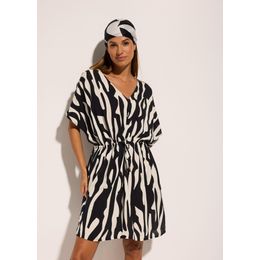 Strandkleid bonprix, Damen, Gr. 36/38 (S), N-Gr, schwarz, wollwei&szlig;, Obermaterial: 100% Viskose, figurumspielend, Kleider Strandkleid, aus Viskose, Kurzarm, figurumspielende Passform, ohne Kragen