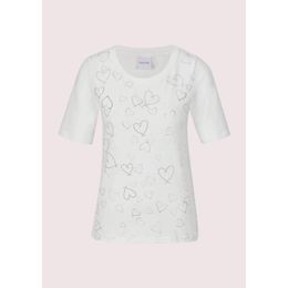 Madeleine Mode Kurzarmshirt MADELEINE "Shirt Print-Shirt mit Rundhals, Kurzarm", Damen, Gr. 36, wei&szlig; (wollwei&szlig;), Obermaterial: 95% Baumwolle CO. 5% Elasthan EL., Modern, tailliert, Shirts, Strasssteine