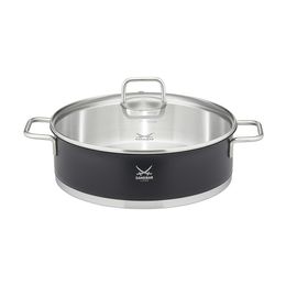 Servierpfanne SANSIBAR LIVING "TORLAND, mit Glasdeckel", schwarz, B:30cm H:11cm L:33cm &Oslash;:28cm, Pfannen, mit Literskala und &Ouml;l-Dosier-System, geeignet f&uuml;r alle Herdarten