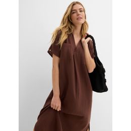 Tunikakleid bonprix, Damen, Gr. 38, N-Gr, braun, Obermaterial: 100% Baumwolle, oversize, Kleider, Oversize-Passform, Kaftan-Schnitt, Kimono&auml;rmel, aus Baumwolle