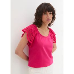 T-Shirt bonprix, Damen, Gr. 40/42 (M), pinklady, Obermaterial: 95% Baumwolle, 5% Elasthan. &Auml;rmel: 100% Baumwolle, loose fit, Shirts T-Shirt, lockere Passform, Kurzarm-Design, Lochstickerei an den &Auml;rmeln