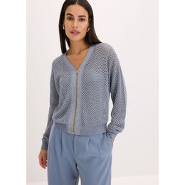 Strickjacke bonprix, Damen, Gr. 40/42 (M), rauchblau, silber, Obermaterial: 82% Viskose, 18% metallisierte Fasern, oversize, Strickjacken Strickjacke, Oversize-Passform, mit Rei&szlig;verschluss vorne