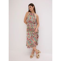 Midikleid bonprix, Damen, Gr. 32/34 (XS), N-Gr, creme, gr&uuml;n, pink bedruckt, Obermaterial: 95% Polyester, 5% Elasthan, ausgestellt, Kleider Midikleid, mit dekorativer Spitze am Armloch, ausgestellte Passform