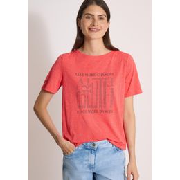 T-Shirt Cecil, Damen, Gr. L (42), coral, Web, 50% Baumwolle, 50% Polyester, unifarben, comfort fit normal, U-Boot-Ausschnitt, normaler Saum, Shirts T-Shirt, mit Wording