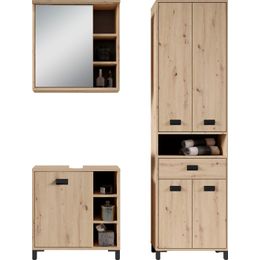 Badm&ouml;bel-Set ByLiving "Wellness", braun (artisan eiche), B:60cm H:62cm T:34cm, Kastenm&ouml;bel-Sets, Badm&ouml;bel-Set, praktisches 3er-Set mit LED Beleuchtung und viel Stauraum