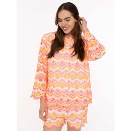 Kurzarmbluse Zwillingsherz "Lochstickerei", Damen, Gr. L/XL, neonpink neonorange, Web, Obermaterial: 100% Baumwolle, h&uuml;ftbedeckend, Blusen, langarm, mit Kragen, Lochspitze, Knopfleiste