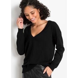 Strickpullover bonprix, Damen, Gr. 40/42 (M), schwarz, Obermaterial: 70% Viskose, 30% Polyamid, oversize, Pullover Strickpullover, kuschelweiches Material, Oversize-Passform, V-Ausschnitt
