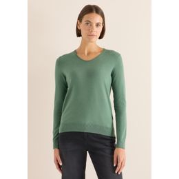Strickpullover Cecil, Damen, Gr. XL (44), highland gr&uuml;n melange, Feinstrick, 50% Viskose, 28% Polyester, 22% Nylon, unifarben, comfort fit normal, V-Ausschnitt, B&uuml;ndchen, Pullover Strickpullover, mit Materialmix