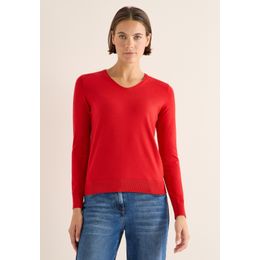 Strickpullover Cecil, Damen, Gr. L (42), fiery rot, Feinstrick, 50% Viskose, 28% Polyester, 22% Nylon, unifarben, comfort fit normal, V-Ausschnitt, B&uuml;ndchen, Pullover Strickpullover, mit Materialmix