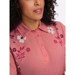 Damen Poloshirt mit Bl&uuml;ten-Bl&auml;tter-Druck vorne flamingo-pink-bedruckt, Gr&ouml;&szlig;e 44
