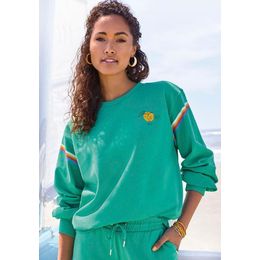 BENCH. LOUNGEWEAR Sweatshirt blau Gr. 44/46 f&uuml;r Damen. Rundhals und Schriftz&uuml;ge, Druck. Bequem. Nachhaltig.