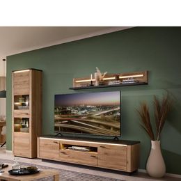 Pharao24.de Schrankwand Fernseher Schrankwand in Eichefarben mit LED Beleuchtung (dreiteilig)