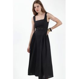 Kleid mit quadratischem Kragen und Tailleng&uuml;rtel in Midi-L&auml;nge