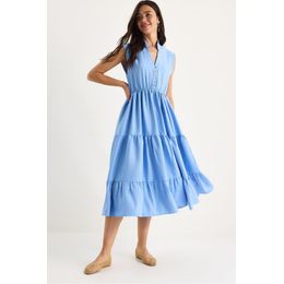 Gestreiftes Midikleid mit V-Ausschnitt und R&uuml;schendetail