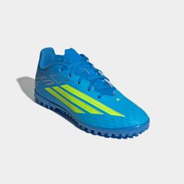 Fu&szlig;ballschuh adidas Performance "F50 CLUB TURF KIDS", M&auml;dchen, Gr. 35, blau (lucid ray blau, team solar gelb 2, lucid aquamarine), Synthetik, Textil, Schuhe Fu&szlig;ballschuh, f&uuml;r Kunstrasen, Hart- und Aschenpl&auml;tze, f&uuml;r Kinder & Jugendliche
